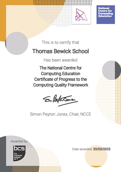 Thomas Bewick School Awarded Certificate of Progress in the Computing ...